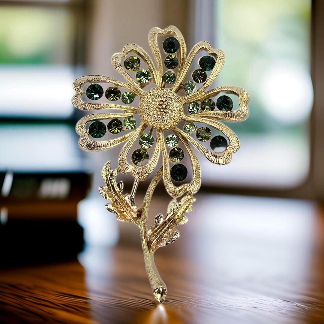 Vintage Coro Shades of Green Flower Brooch Crystal Gold Tone Coro ...