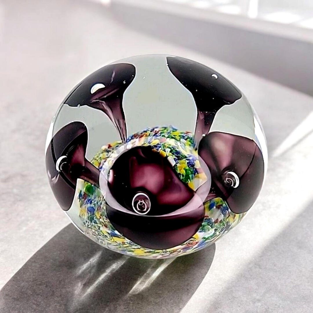 Antique Lauscha Art Glass Paperweight Purple Flowers Controlled Bubble ...