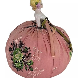 Antique Porcelain Half Doll Pin Cushion Pink Floral Dress Doll Unique ...