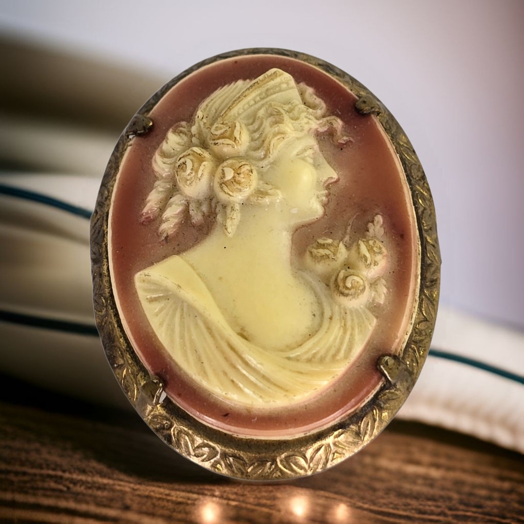Vintage Cameo Brooch Gold Toned Early Cameo Celluloid Brooch Woman ...