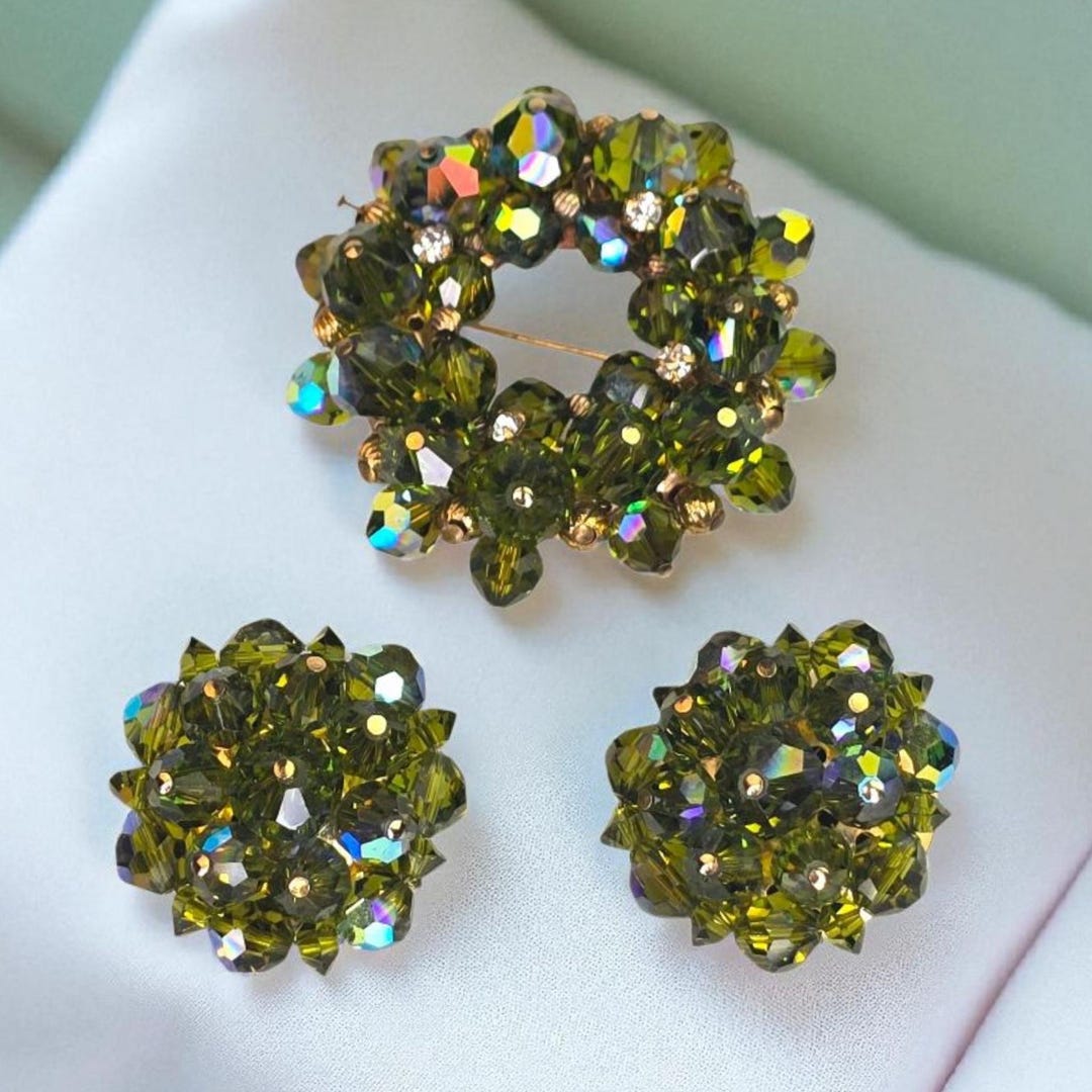 Vintage Green Aurora Borealis Austrian Crystal Rhinestone Brooch and ...