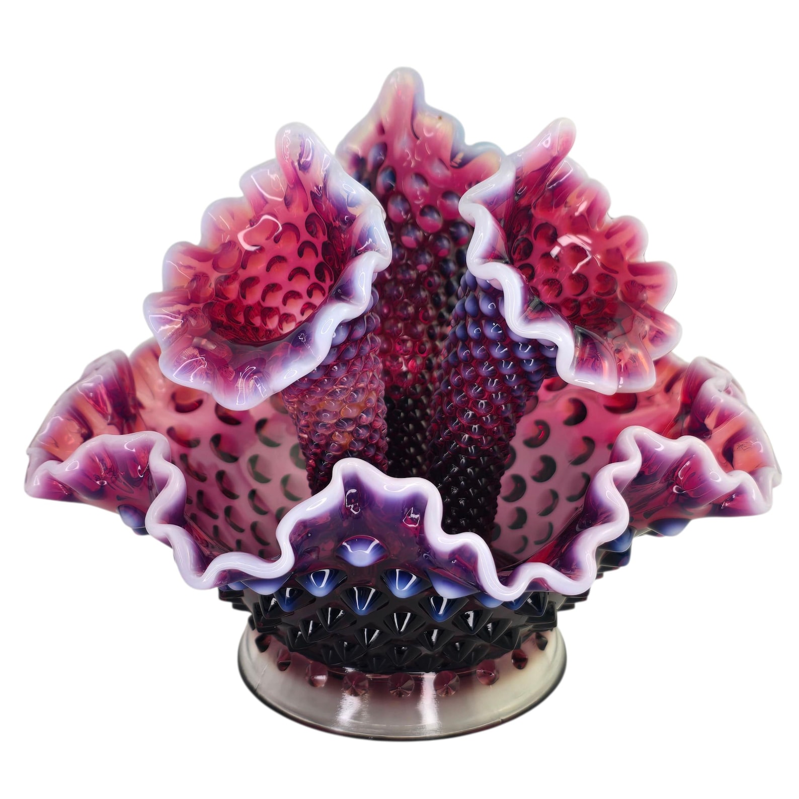 Rare Vintage Fenton Plum Opalescent Hobnail Epergne Flower Vase Bowl ...