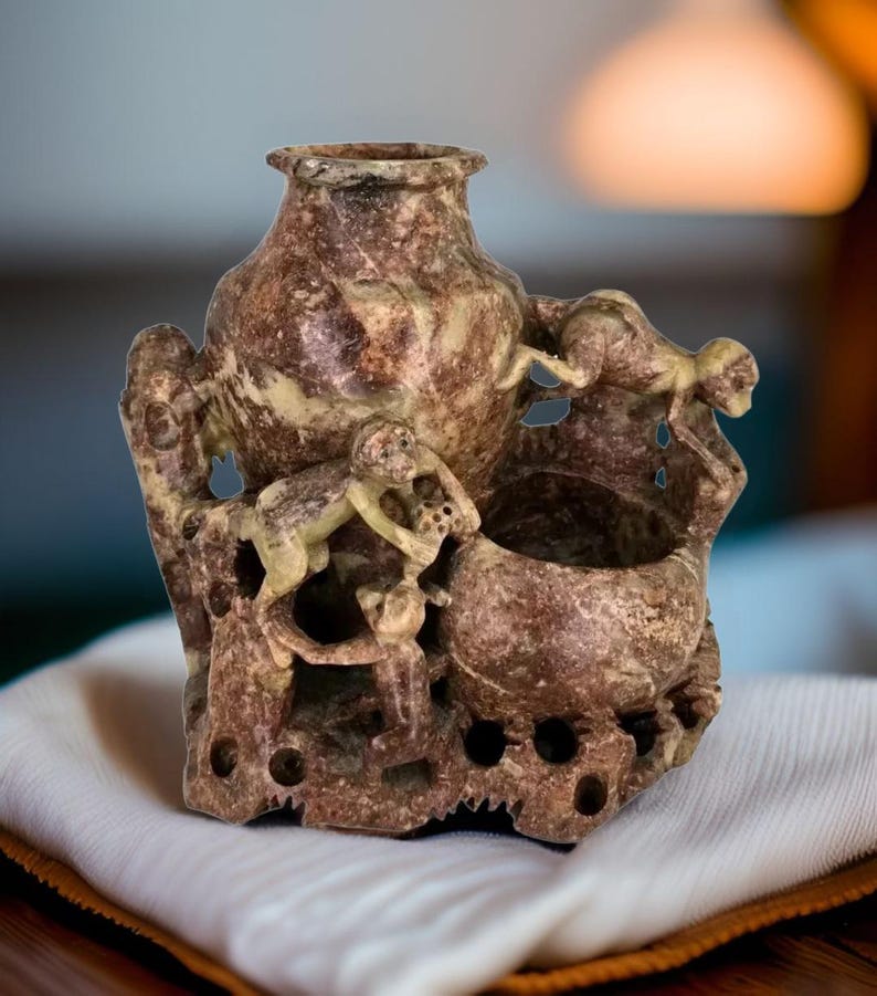 Antique Carved Soapstone Monkey Vase Antique Chinese Openwork Soapstone ...