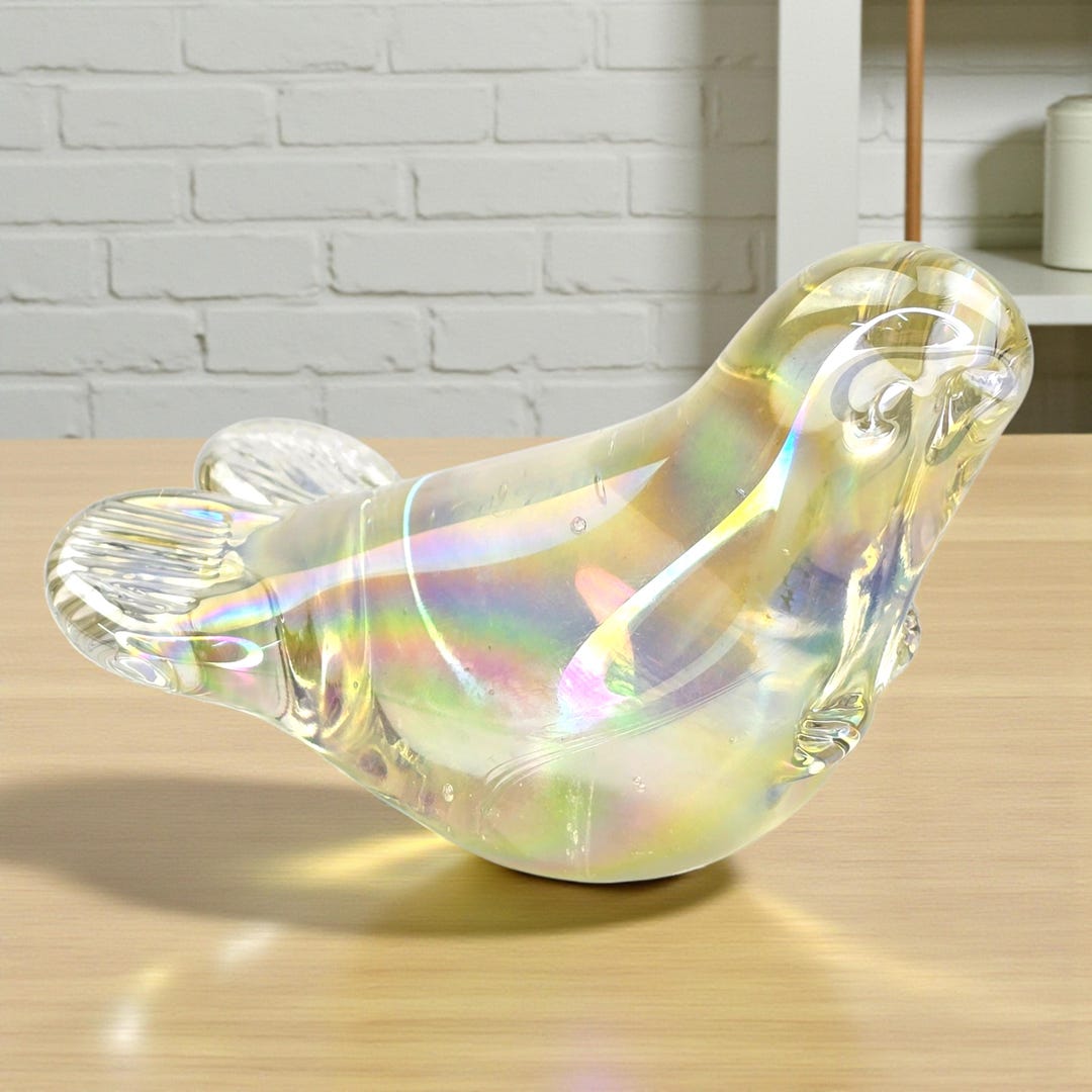 Vintage Handblown Art Glass Seal Paperweight Iridescent Clear Glass ...