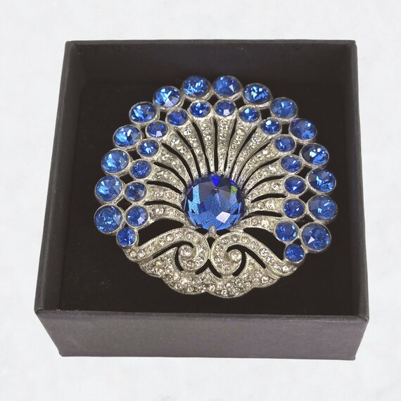 Large Vintage Blue Brooch Silver Tone Blue Rhinestone… - Gem