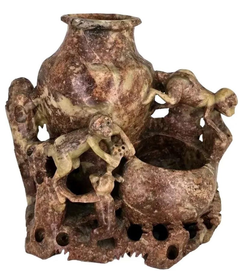 Antique Carved Soapstone Monkey Vase Antique Chinese Openwork Soapstone ...