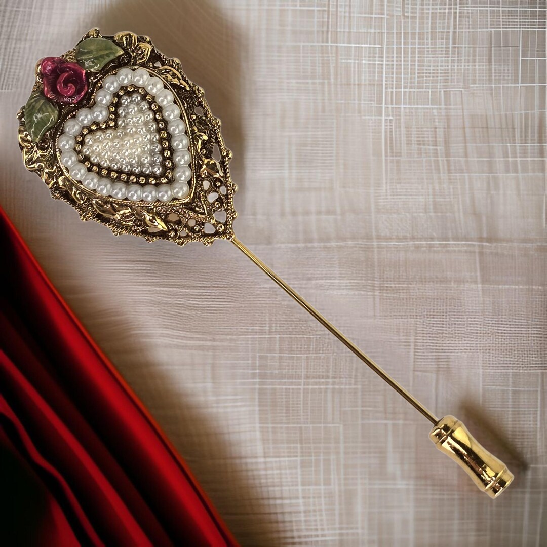 Vintage Heart Stick Pin Faux Pearl Gold Tone Heart Rose Stick Pin ...