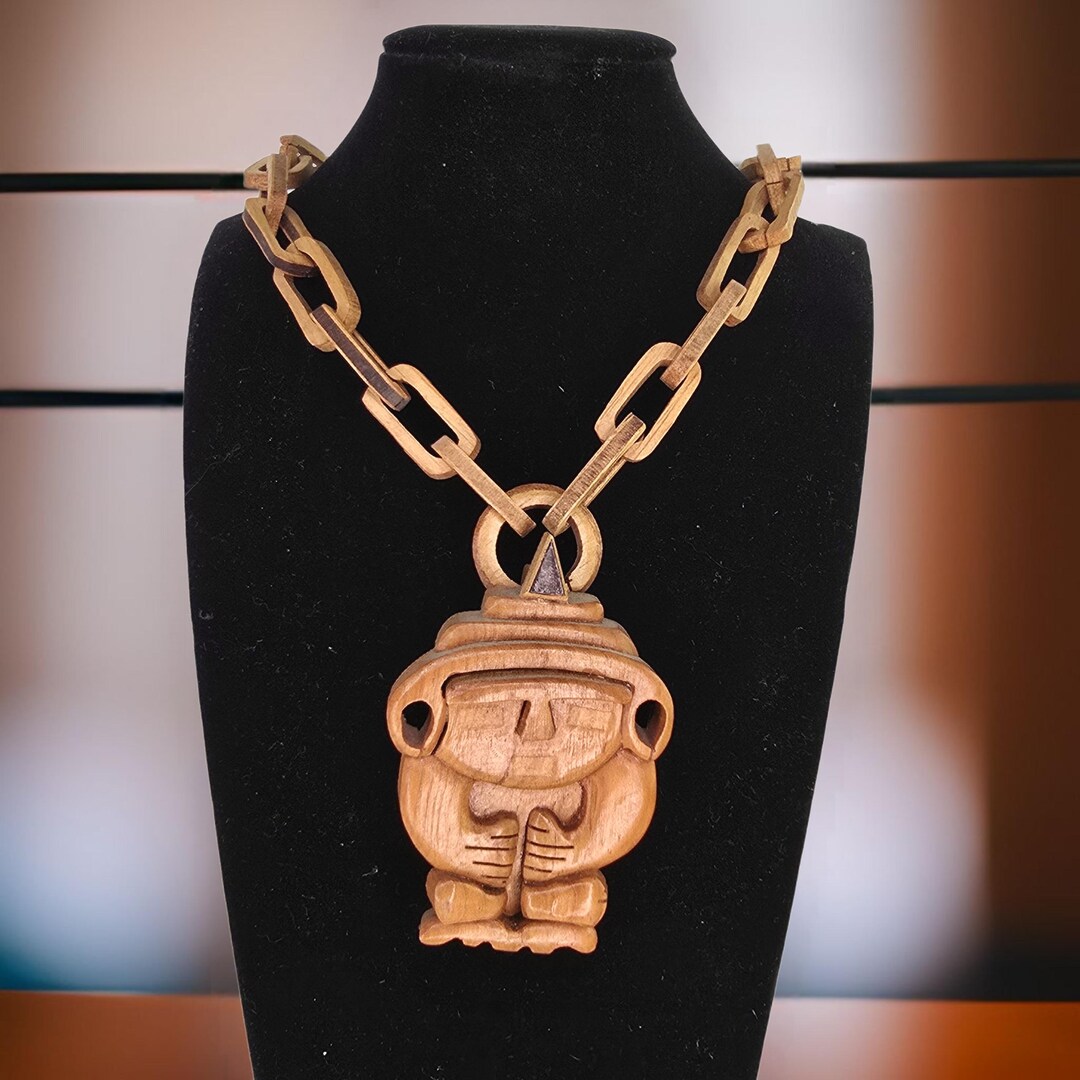 Vintage Tiki Necklace 1970s Wooden Tiki Man Pendant and Chain Necklace ...