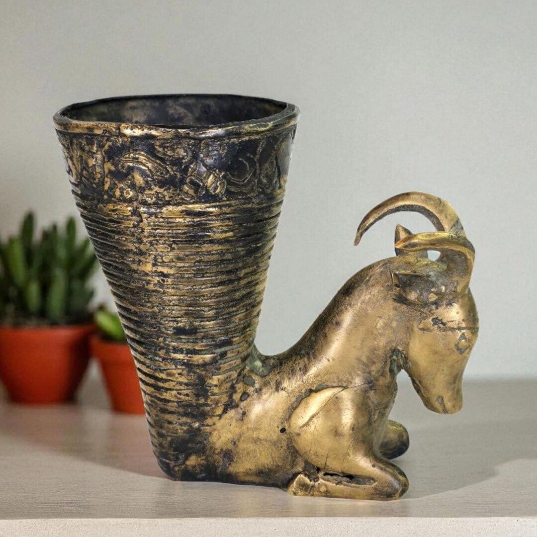 Rare Antique Brass Persian Rhyton Ram Cup Primitive Brass Ram ...