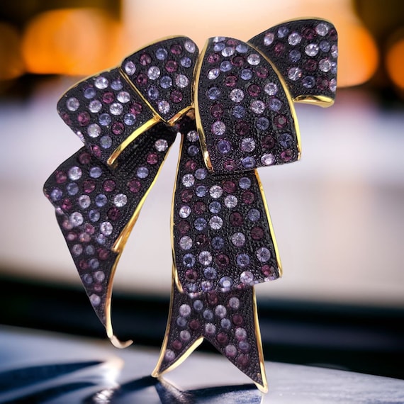 Large Vintage Joan Rivers Brooch Purple Bow Brooch Si… - Gem