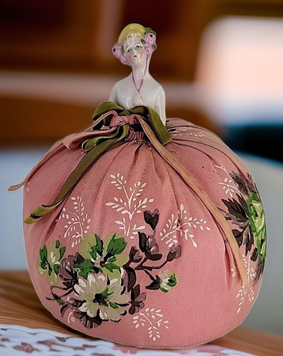 Antique Porcelain Half Doll Pin Cushion Pink Floral Dress Doll Unique ...