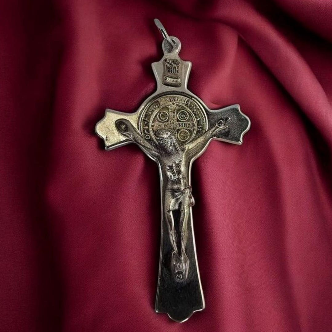 Vintage Saint Benedict Silver Tone Metal Crucifix Pendant Cross Vintage ...