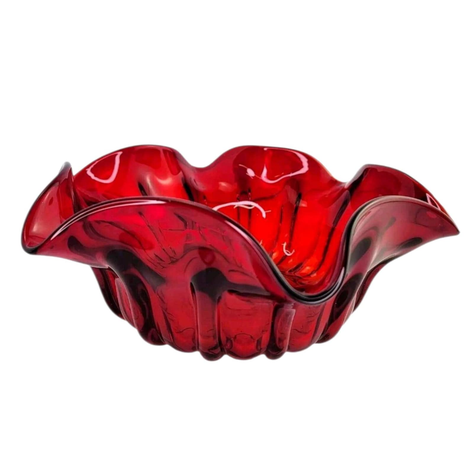 Vintage Ruby Red Glass Serving Bowl Red Mid-century Modern Bowl Ruffled ...
