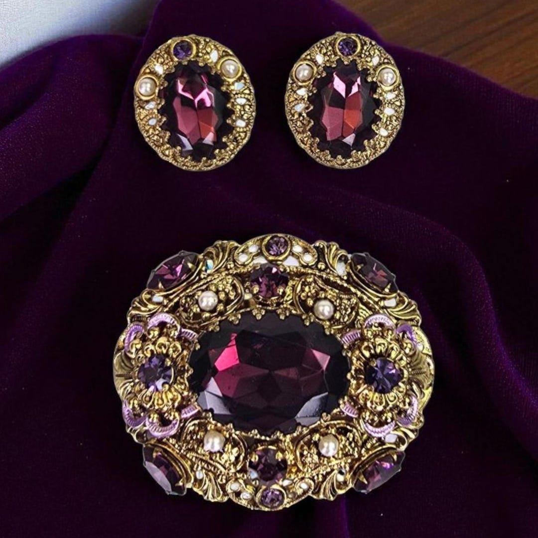 Vintage West Germany Brooch & Earrings Set Purple Rhinestone Faux Pearl Filigree Brooch and ...
