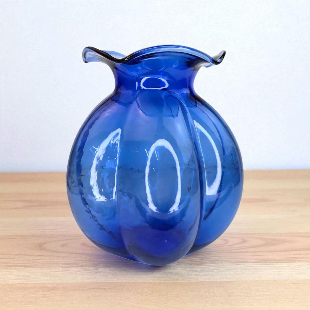 Vintage San Miguel by Vidrios Cobalt Blue Glass Vase Ruffled Handmade ...