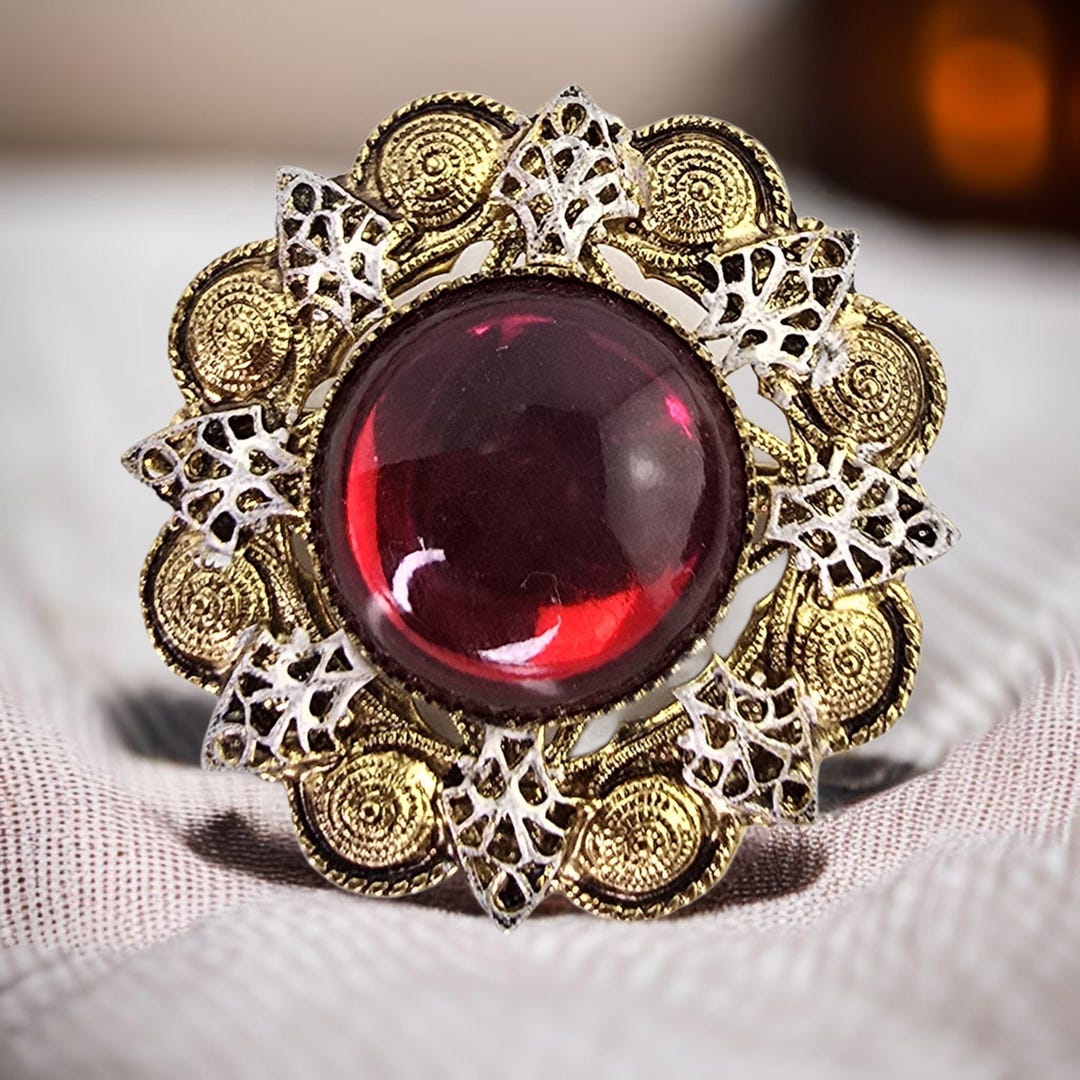 Vintage Ruby Red Filigree Brooch 1950s Filigree Red Glass Cabochon ...