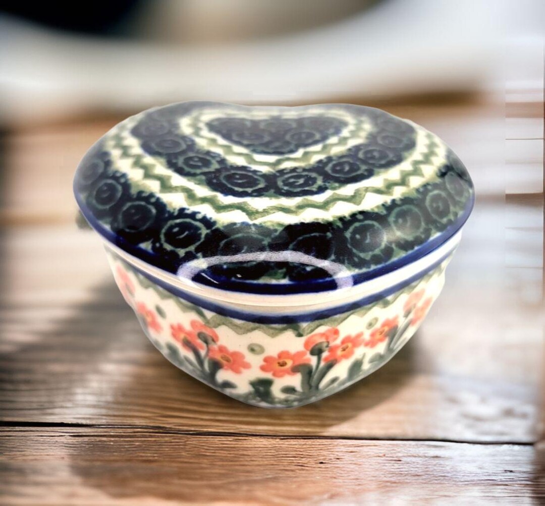Vintage Polish Pottery Heart Trinket Box Lidded Heart Unikat ...