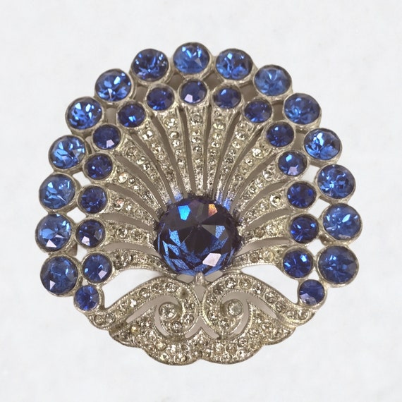 Large Vintage Blue Brooch Silver Tone Blue Rhinestone… - Gem