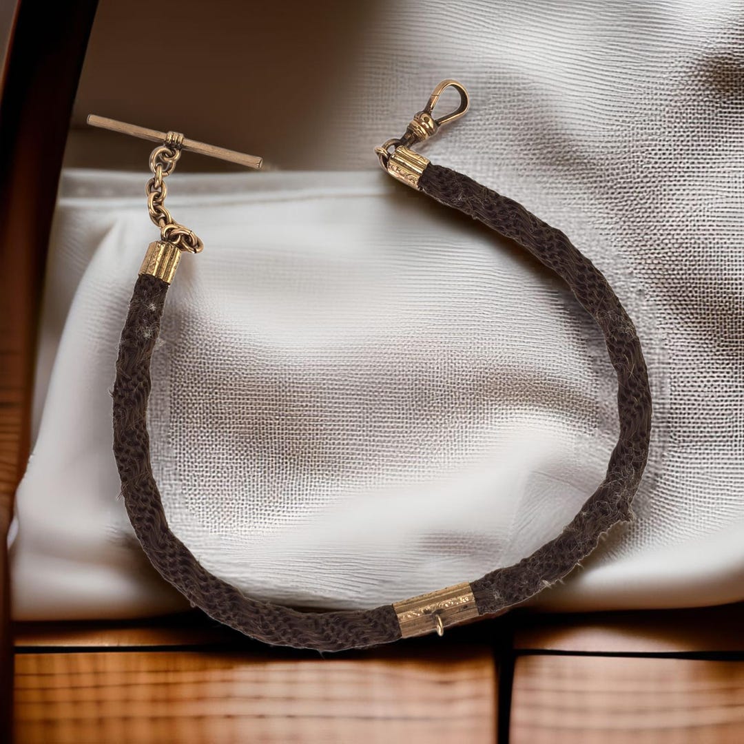 Rare Antique Mourning Hair Watch Chain Victorian Woven Hair Gold Filled ...