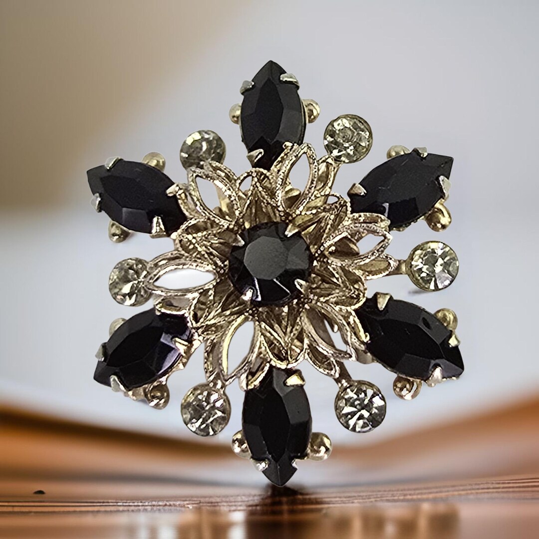 Vintage Snowflake Brooch 1950s Mid-century Black and White Rhinestone ...