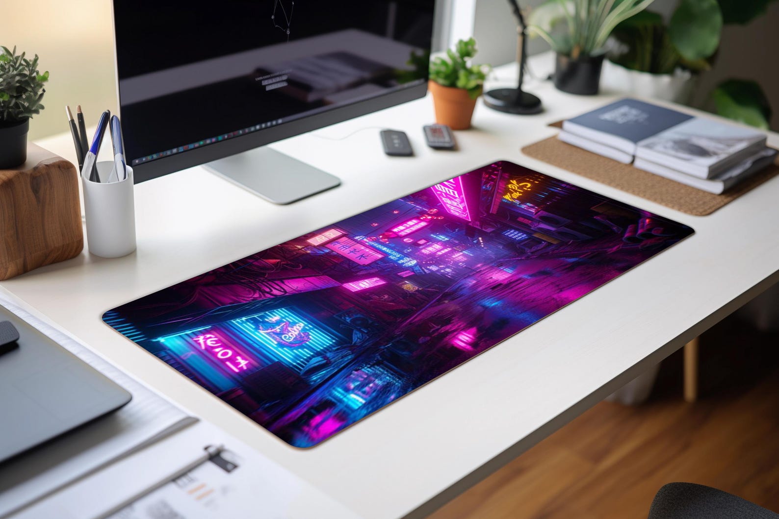 Cyber City Large Gaming Desk Mat, RGB Desk Setup, Neon Colors Desk Mat ...