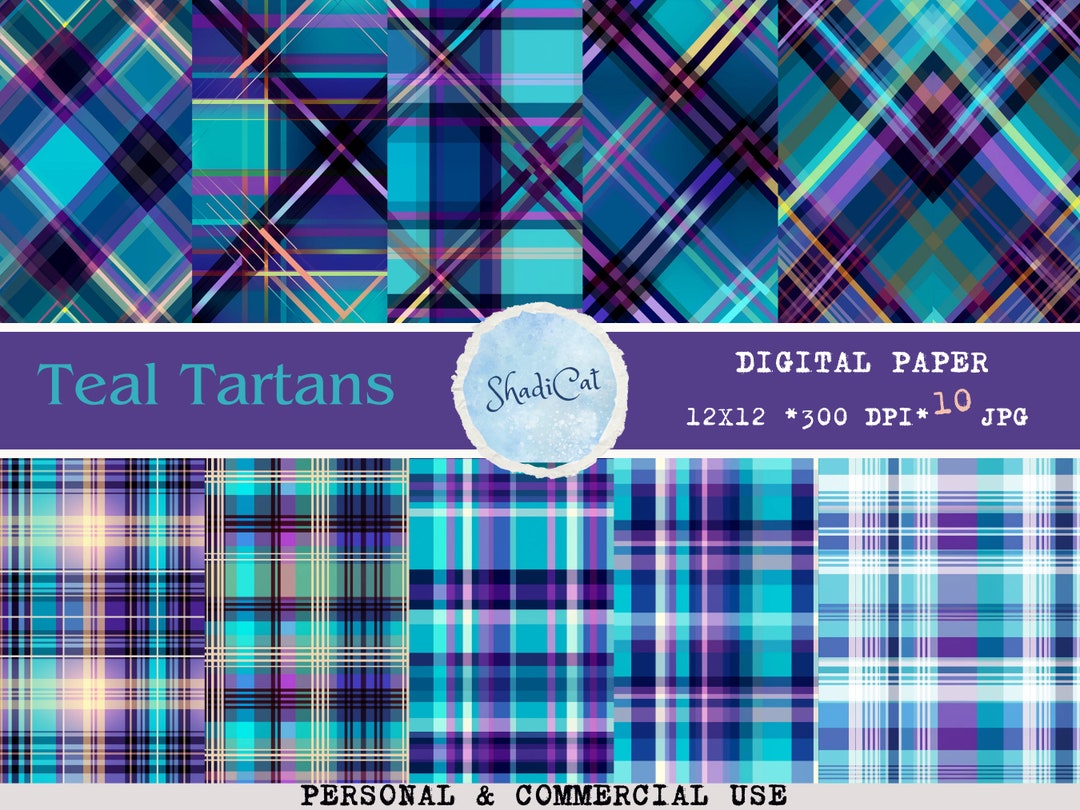 TARTAN Digital Paper Patterns in Teal, Blue, Purple & Tan, Commercial ...