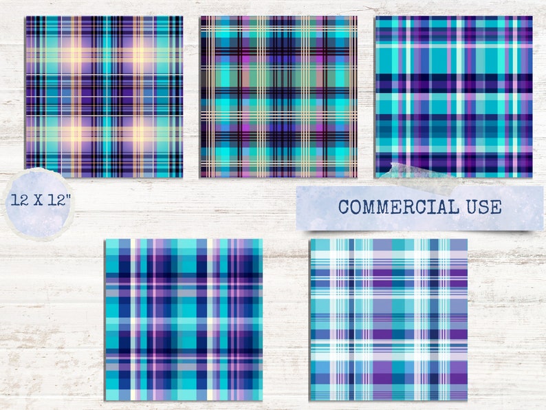 TARTAN Digital Paper Patterns in Teal, Blue, Purple & Tan, Commercial ...