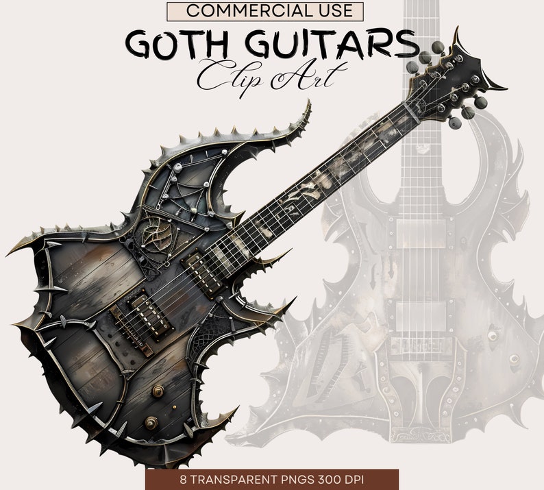 Gothic Electric Guitar Clipart: Fantasy Metal Instrument (PNG Digital ...