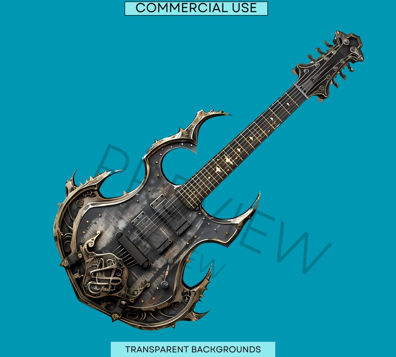 Gothic Electric Guitar Clipart: Fantasy Metal Instrument (PNG Digital ...