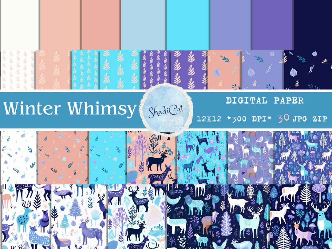 Winter Animal Digital Paper Seamless Patterns in Teal, Blue, Purple ...