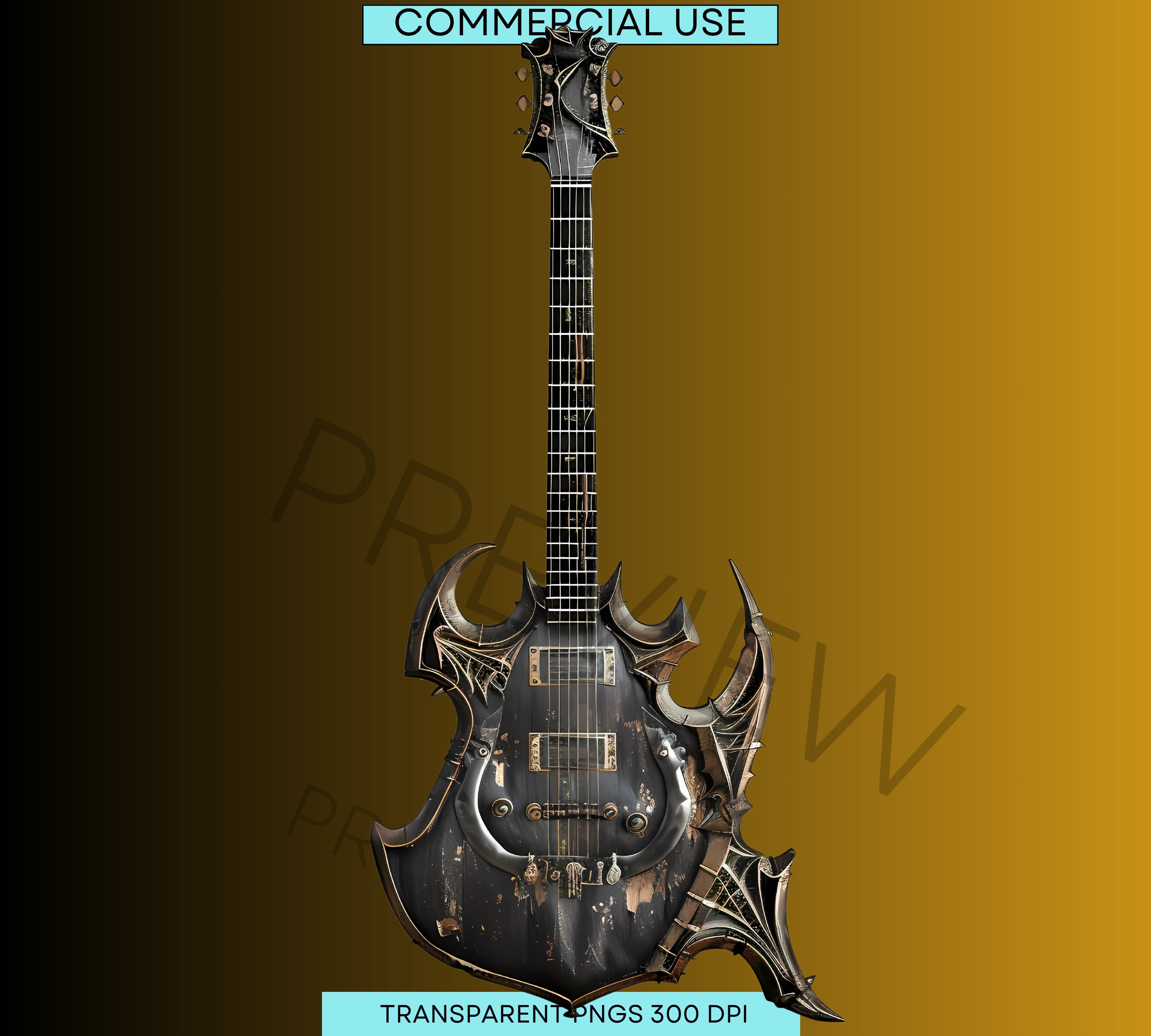 Gothic Electric Guitar Clipart: Fantasy Metal Instrument (PNG Digital ...