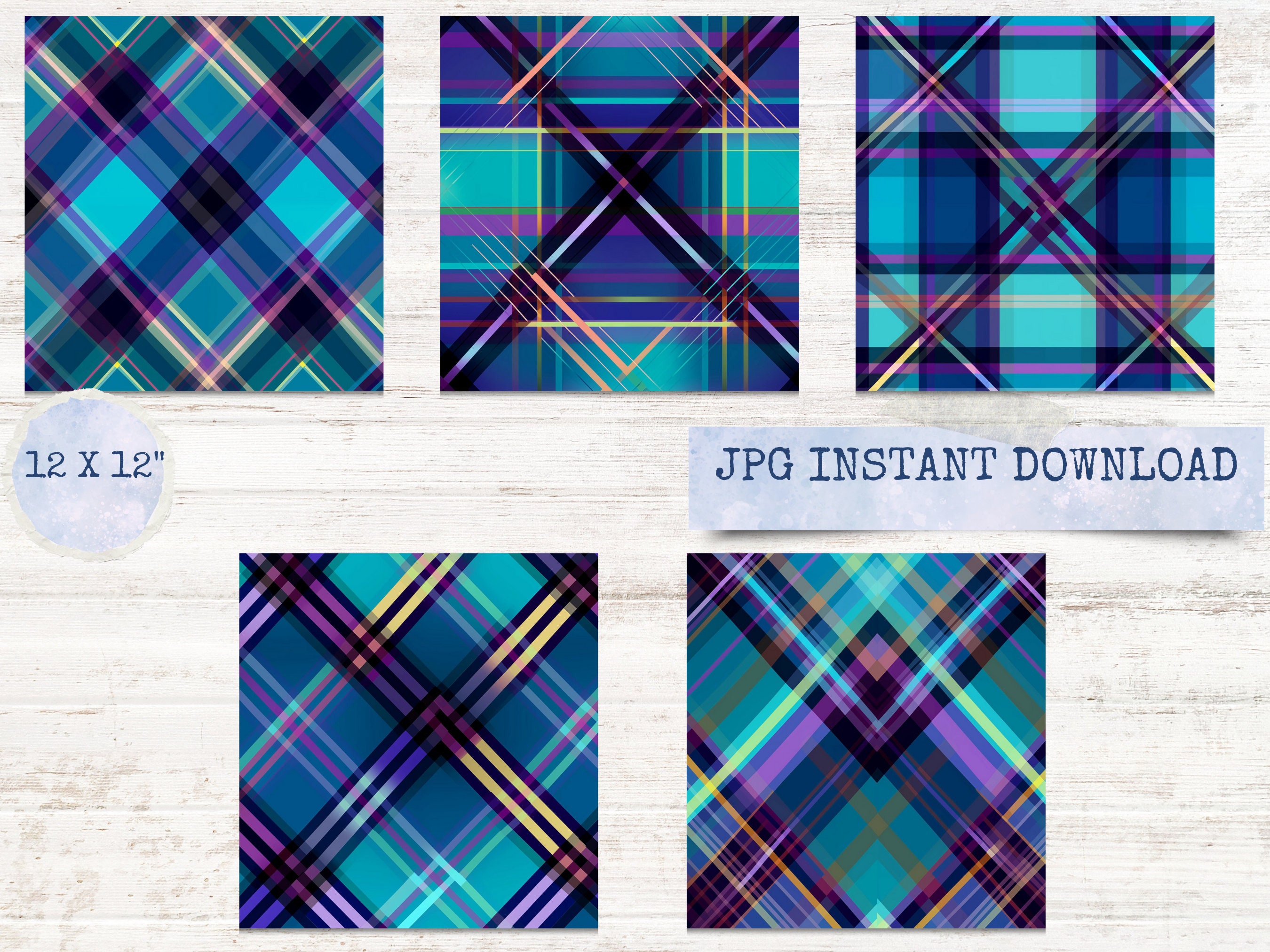 TARTAN Digital Paper Patterns in Teal, Blue, Purple & Tan, Commercial ...