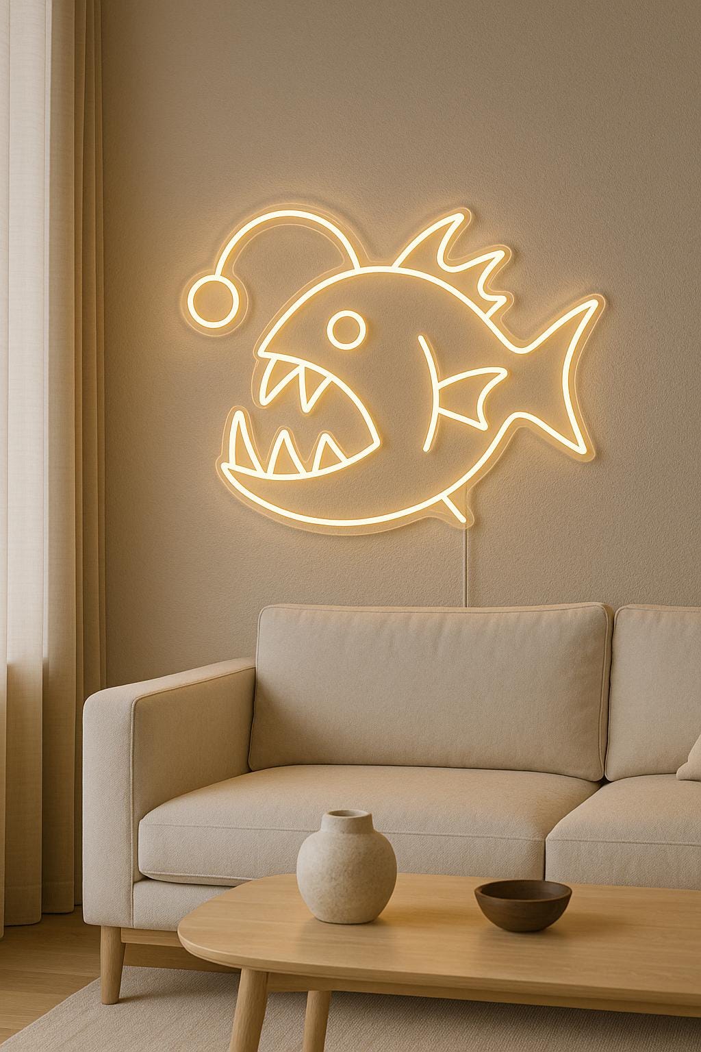 Angler Fish Neon Sign – Deep Sea Glow Wall Light, Scary Ocean Fish LED ...