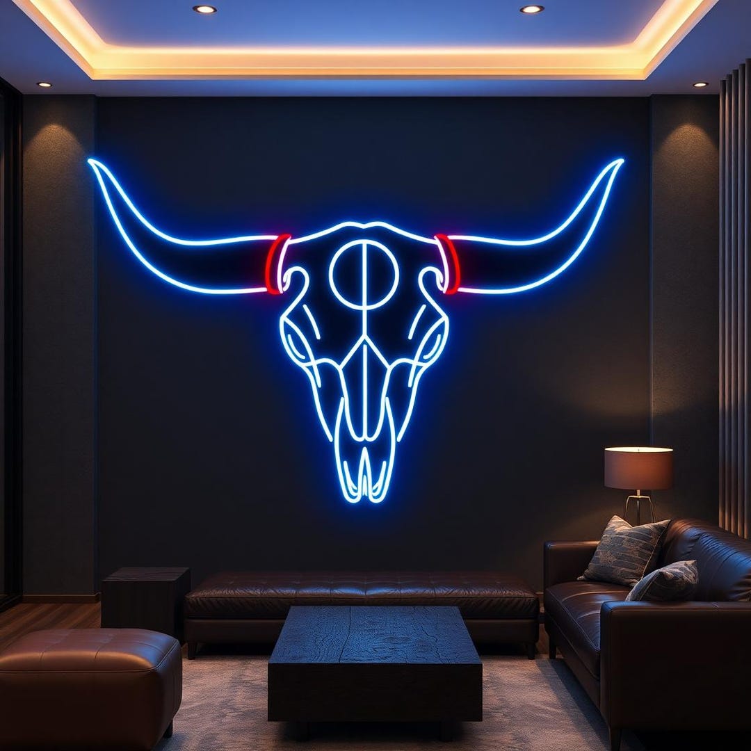 Bull Skull Neon Sign, Neon Longhorn Skull Light, Western Neon Sign, Cow ...