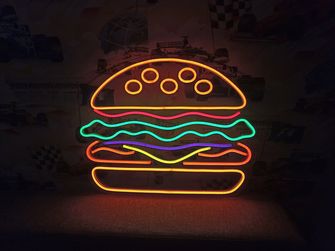 Neon Sign Burger, Neon Burger Sign, Neon Hamburger Light, Neon Burger ...