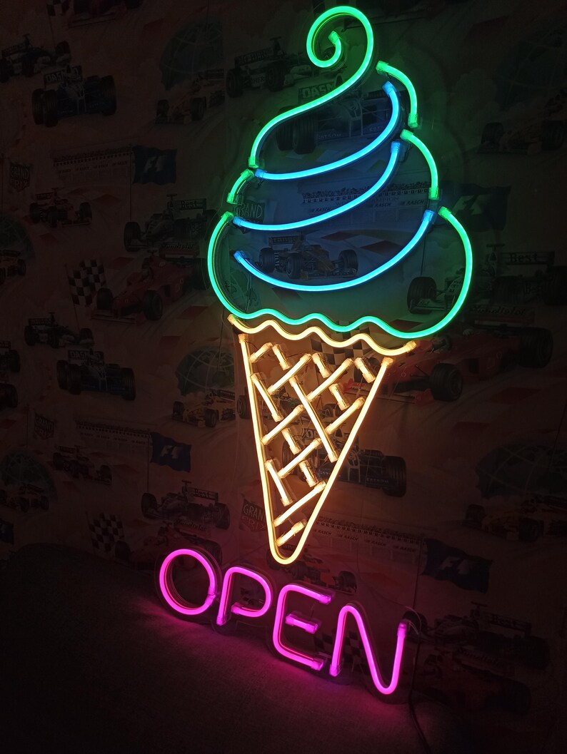 Neon Sign Ice Cream Cone With Text Open, Ice Cream Open Neon Sign, Ice ...