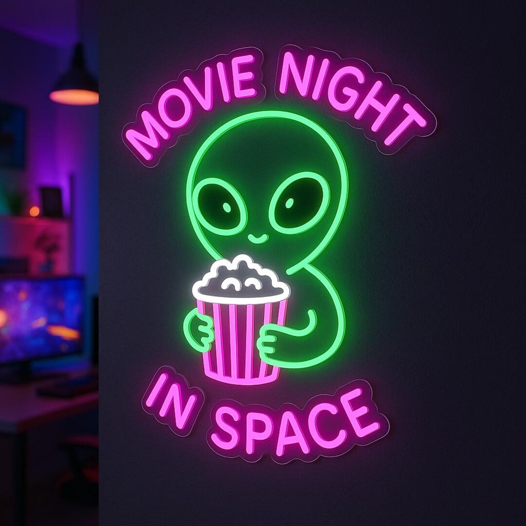 Alien Neon Sign “movie Night in Space” – Fun Popcorn UFO Neon Light for ...