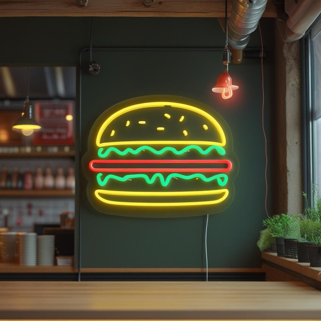 Burger Neon Sign, Neon Burger Sign, Neon Hamburger Light, Neon Burger ...