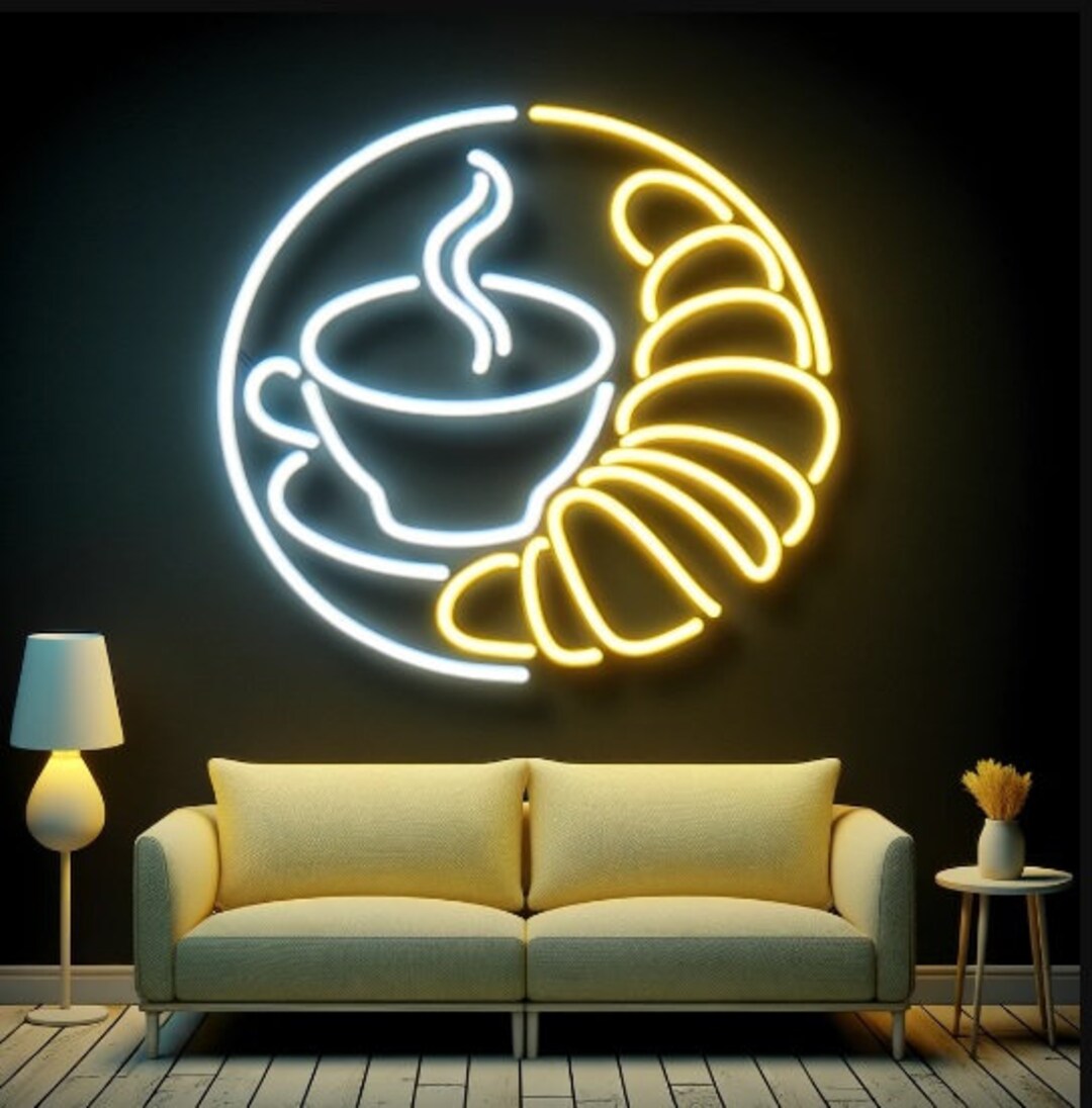 Neon Coffee Cup and Croissant Sign, Coffee Cup Neon Sign, Croissant ...