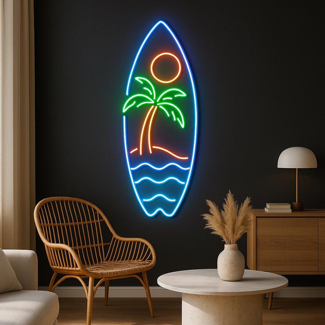 Surfboard Neon Sign – Tropical Beach Themed Neon Light for Surf Shop ...
