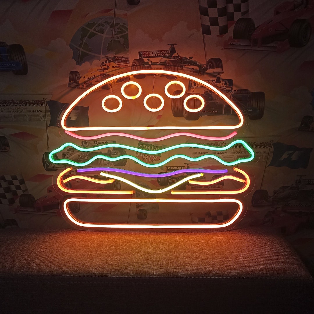 Neon Sign Burger, Neon Burger Sign, Neon Hamburger Light, Neon Burger ...