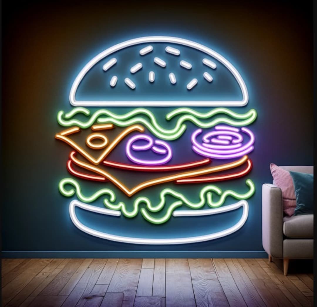 Hamburger Neon Sign, Neon Burger Sign, Neon Hamburger Light, Neon ...