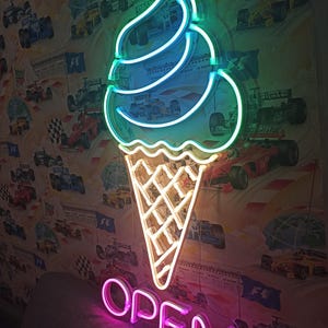Neon Sign Ice Cream Cone With Text Open, Ice Cream Open Neon Sign, Ice ...