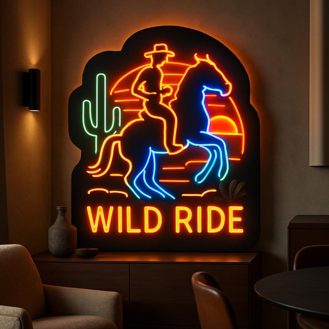 Cowboy Neon Sign – Horseback Silhouette at Sunset With “wild Ride” for ...