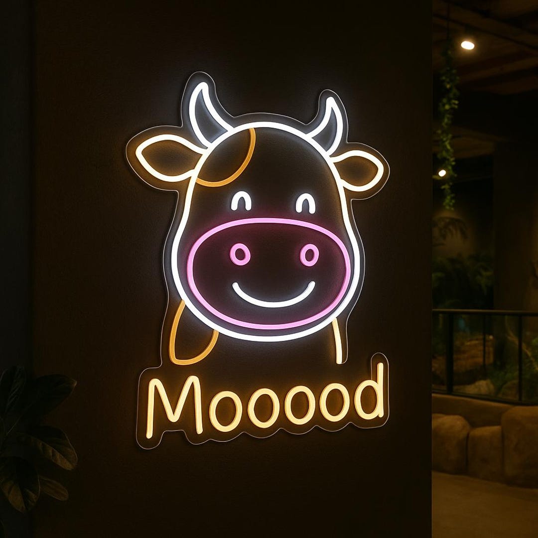 Cow Neon Sign – “mooood” Neon Light, Funny Farm Animal Decor for ...