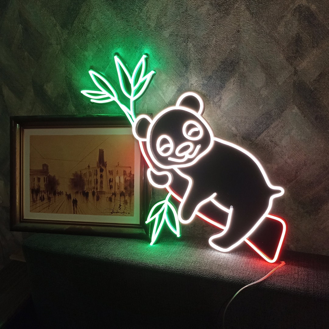 Panda Neon Sign, Sleeping Panda Neon Sign, Neon Panda on Bamboo Sign ...