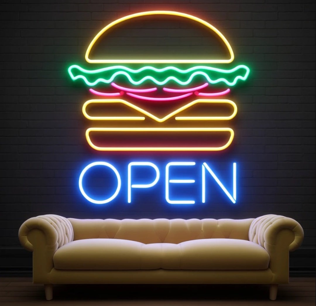 Neon Burger Sign With "open" Text, Burger Neon Sign, Neon Burger Sign ...