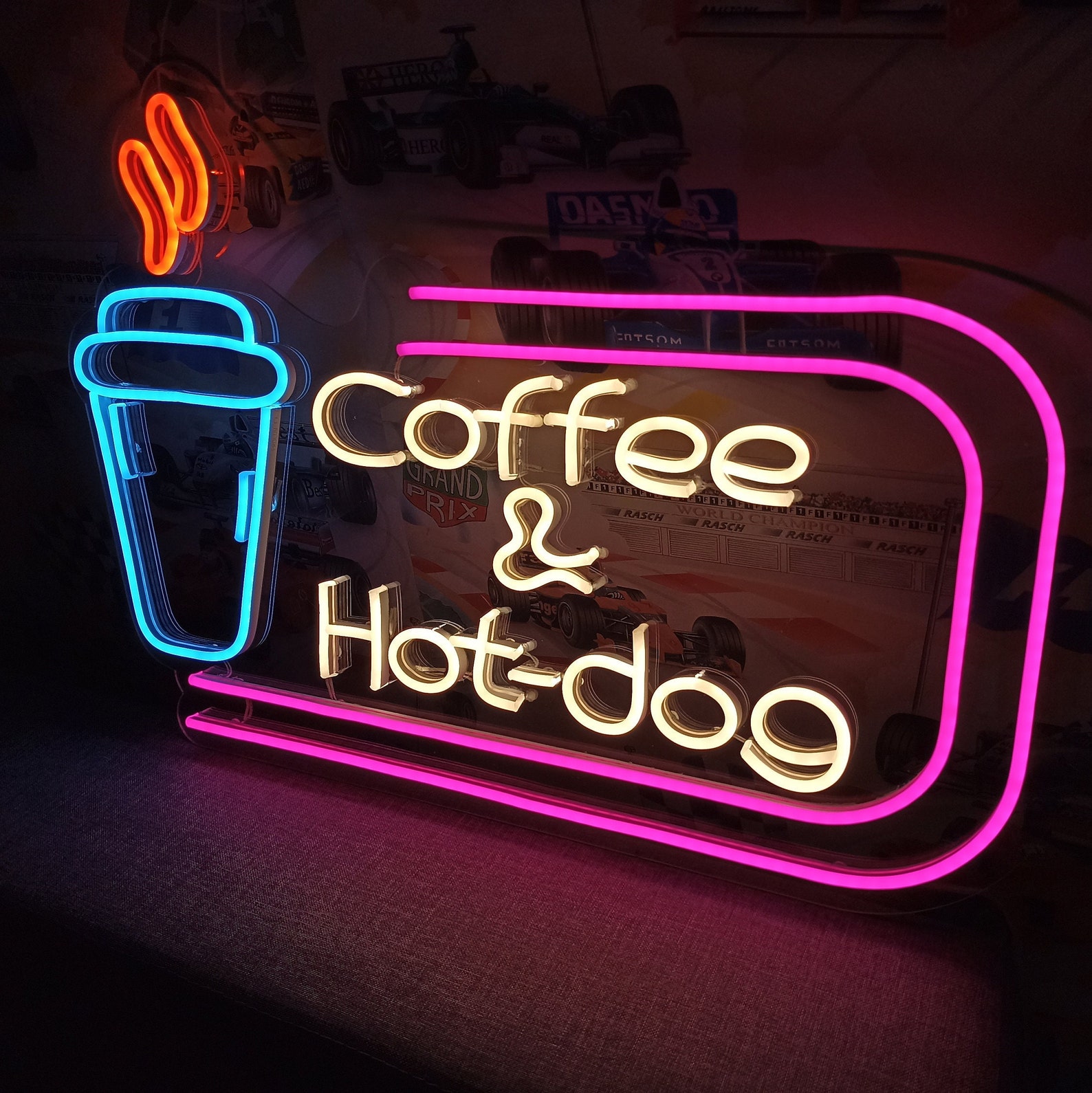 Neon Sign Coffee Cup With Inscription Coffee and Hot-dog, Fast Food ...