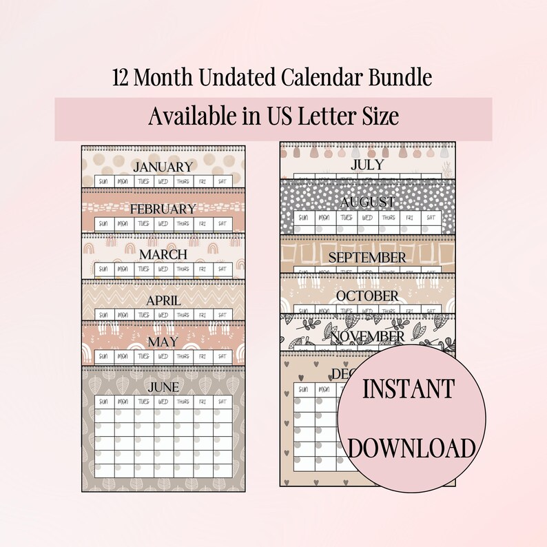 Boho Calendar Boho 12 Month Calendar Undated Boho Planner Bohemian ...