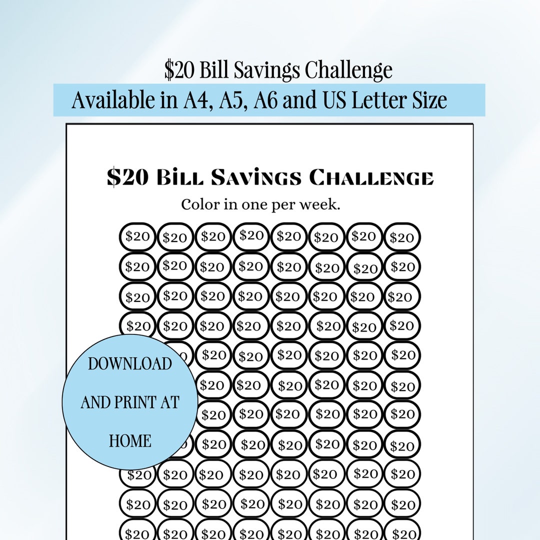 Twenty Dollar Savings Tracker for Finances Simple Savings Challenge for ...